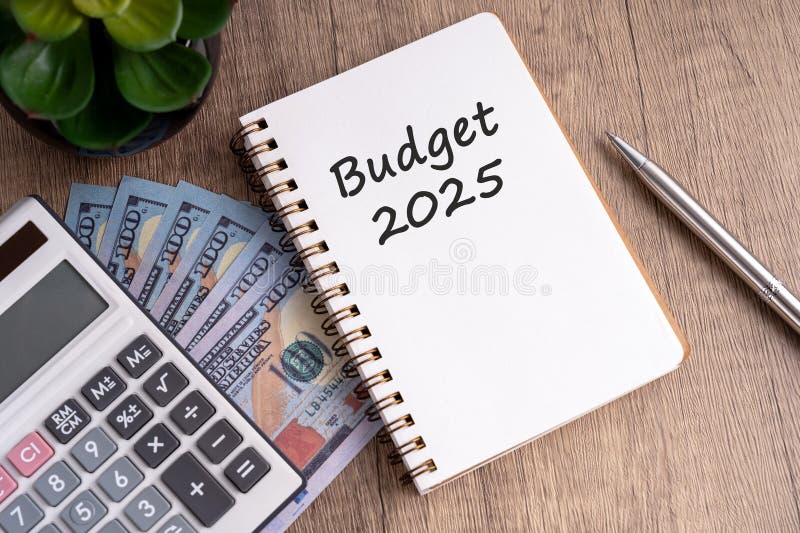 Budget 2025 in Note Pad Text and Calculator, Money, Pen, and Plant on ...
