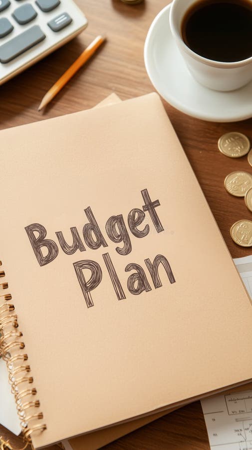 Budget Plan Notebook on Wooden Table with Coffee and Coins Stock ...