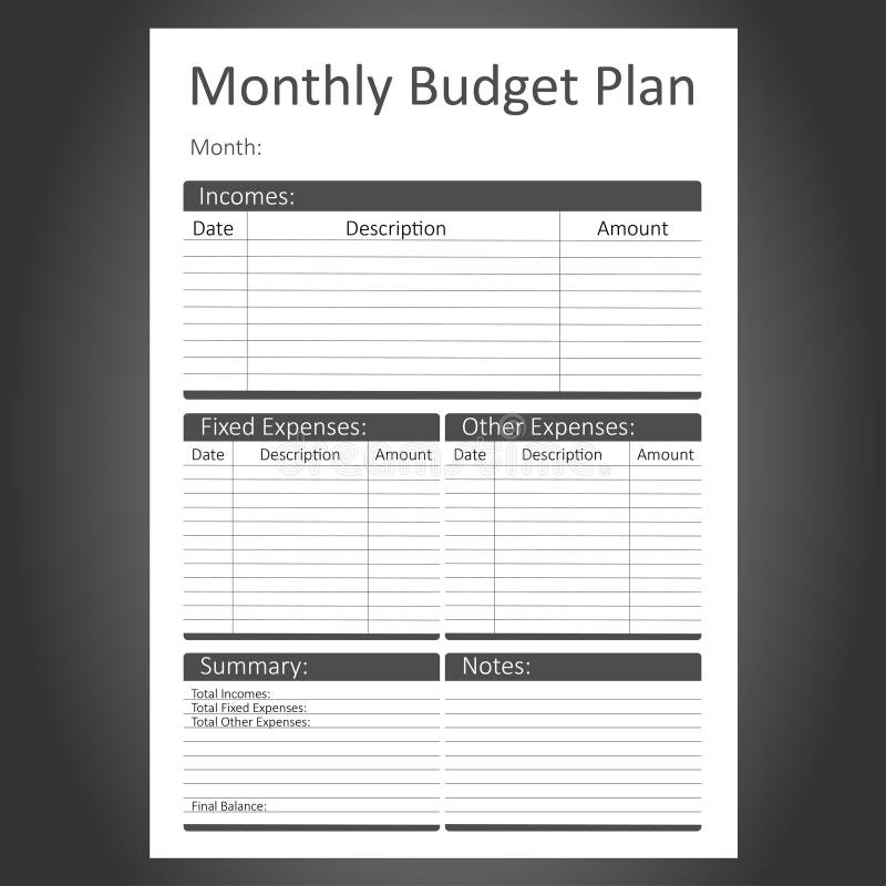 Budget Planner Template in Simple Black and White Design, Vector Stock ...