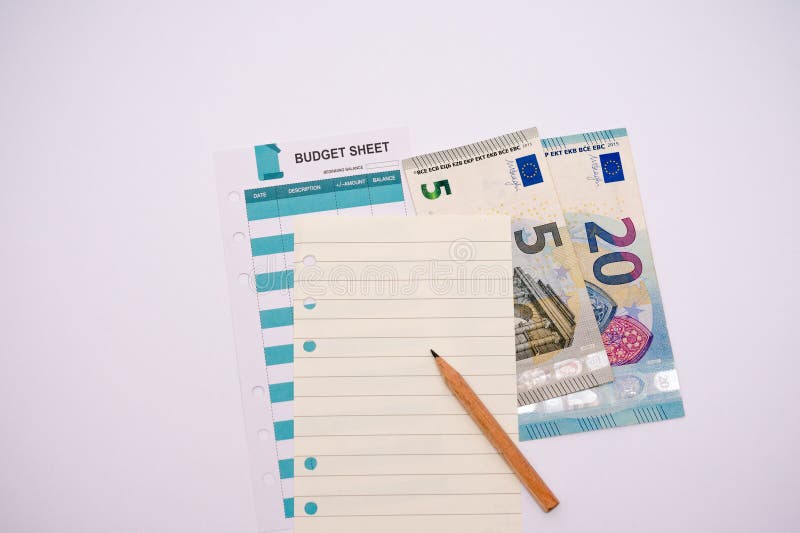 A Budget Sheet with a Pencil and Two Twenty and Five Euro Bills Stock ...