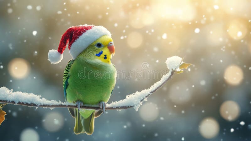 A Budgie Parakeet Wearing a Santa Hat in Winter Stock Illustration ...