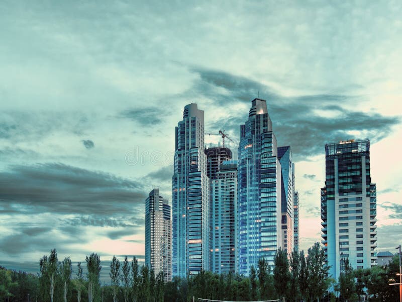 Cityscape at Dusk with Thunderstorm Over Apartments Buildings Stock ...