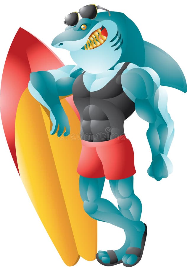 Buff surfer shark stock vector. Illustration of character - 41439991