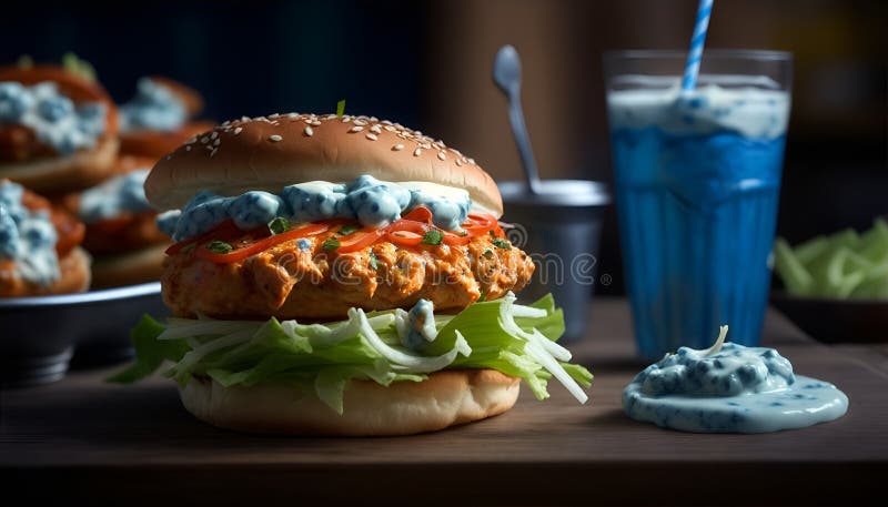 Buffalo Chicken Burger with Blue Cheese Dressing. Generative AI Stock ...