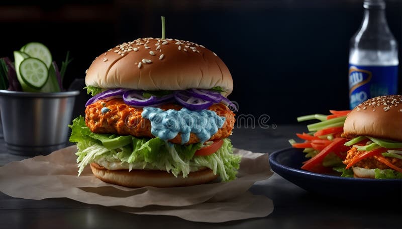 Buffalo Chicken Burger with Blue Cheese Dressing. Generative AI Stock ...