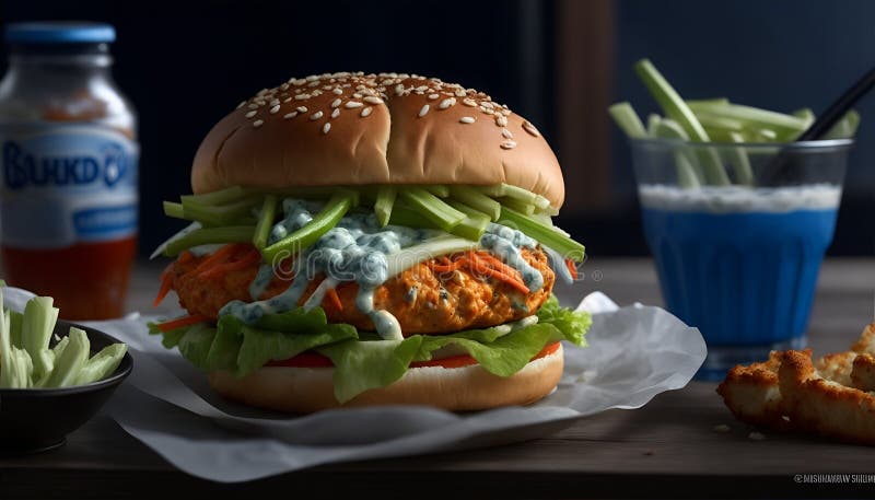 Buffalo Chicken Burger with Blue Cheese Dressing. Generative AI Stock ...
