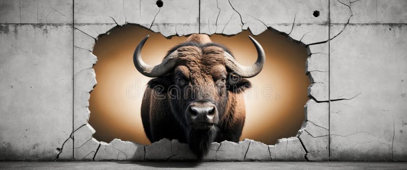 Buffalo Head Breaking through a Cracked Wall. Stock Image - Image of ...