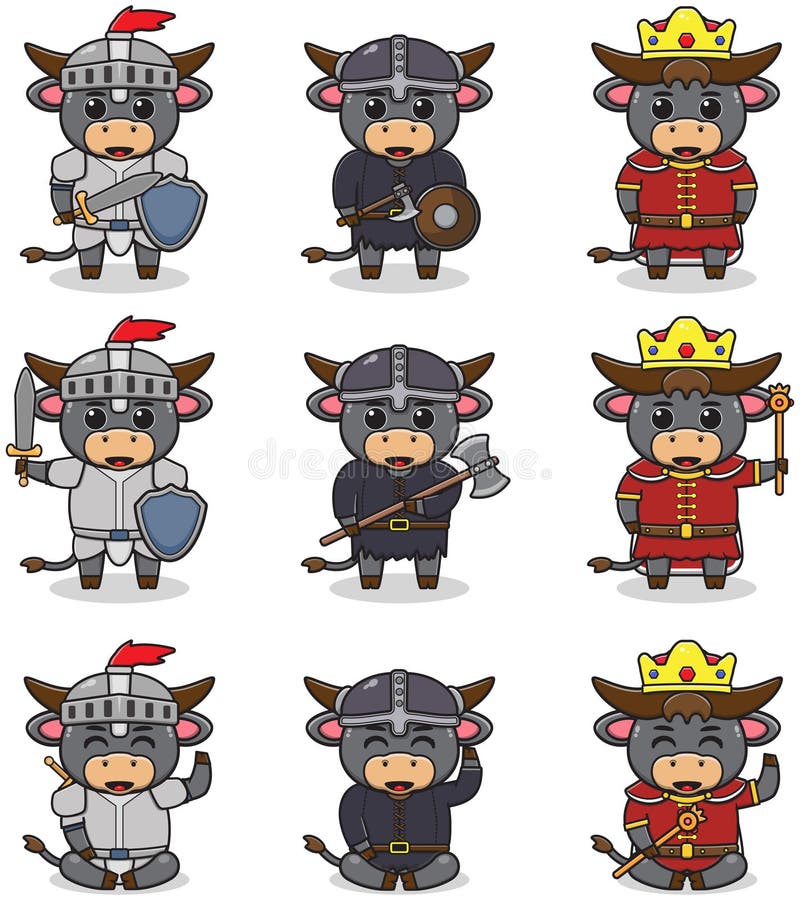 Vector Illustrations of Buffalo Characters in Various Medieval Outfits ...