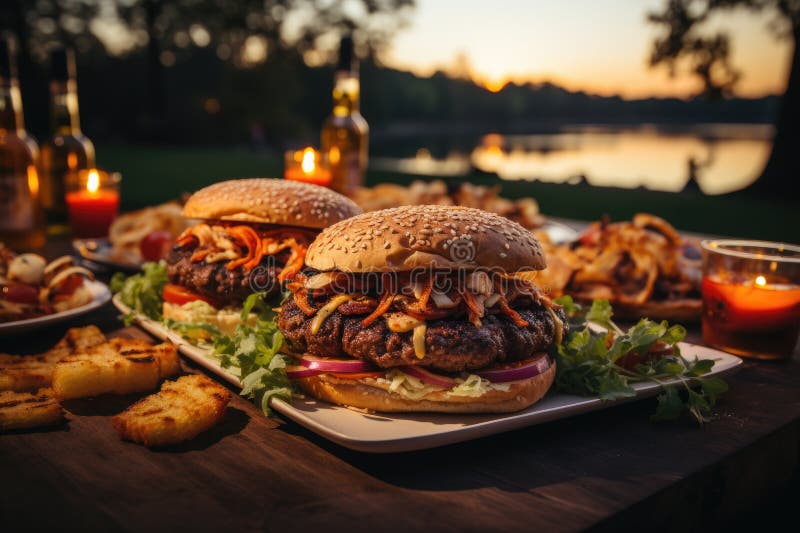 A Buffalo Meat Hamburger at a Barbecue Party by the River., Generative ...