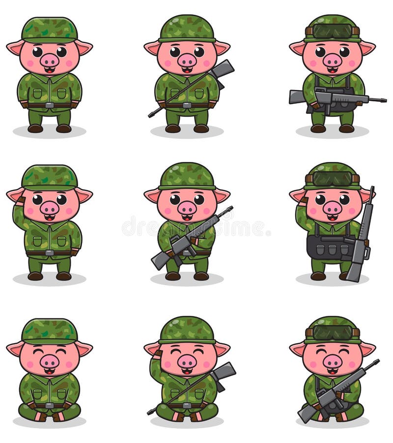 Vector Illustrations of Cute Pig As Soldier. Stock Vector ...