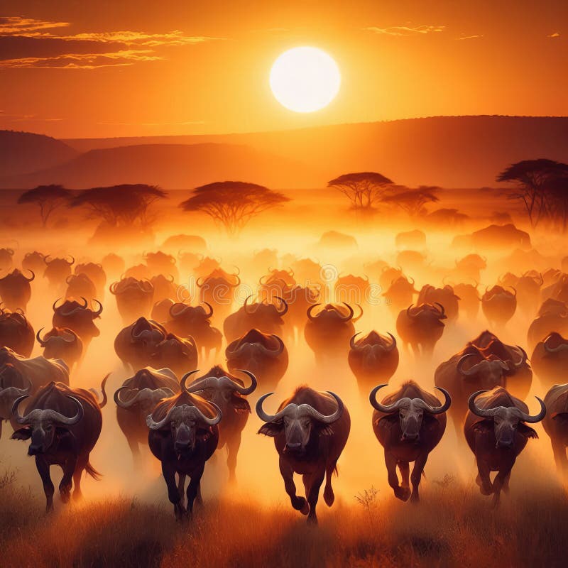 Buffaloes Stampeding Across the Plains Stock Illustration ...
