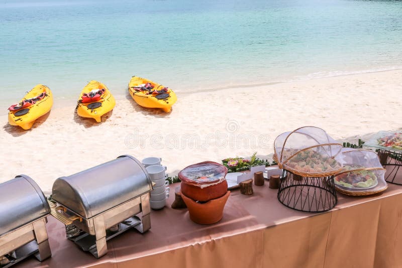 Buffet on the Beach , Line Set Up for Lunch at Tropical Stock Image ...