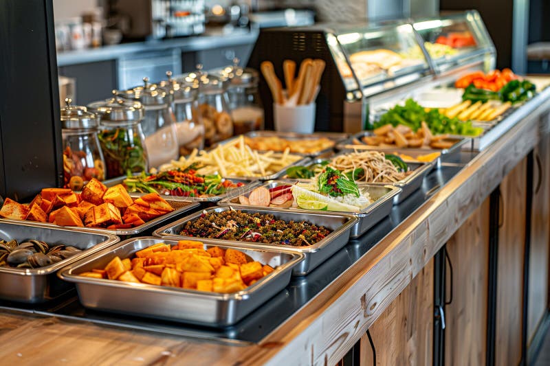 Buffet Concept. Service Station with Assortment of Food Stock ...