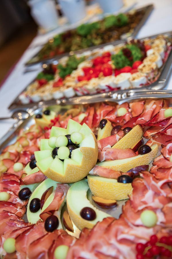Buffet with Designed Melon and Ham Stock Photo - Image of salad, melon ...