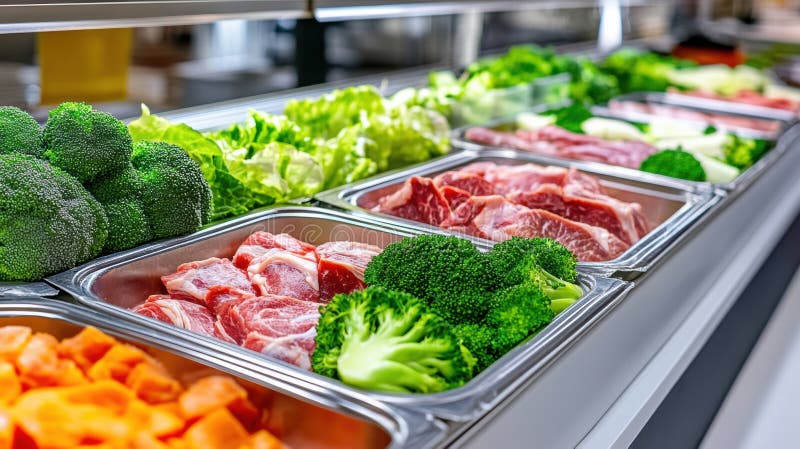 A Buffet of Different Types of Meat and Vegetables in Trays, AI Stock ...