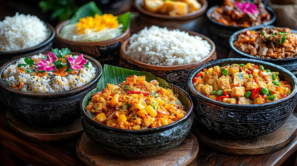Buffet Dishes of Various Asian Rice Dishes Stock Image - Image of ...