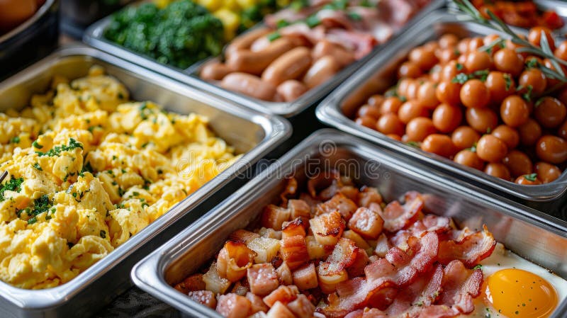 Buffet Display of Breakfast Items Including Eggs, Bacon, and Sausages ...