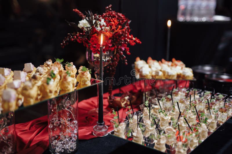 A Buffet at an Event with Red Decor Stock Image - Image of restaurant ...