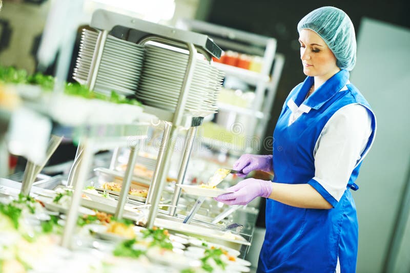 Buffet Female Worker Servicing Food in Cafeteria Stock Photo - Image of ...