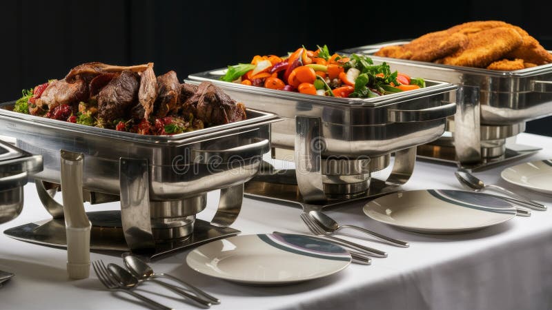 A Buffet of Food in Trays on a Table with Plates and Silverware, AI ...