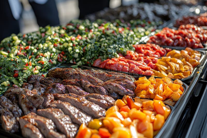 A Buffet with Grilled Meat Served Indoors at a Restaurant Stock Image ...