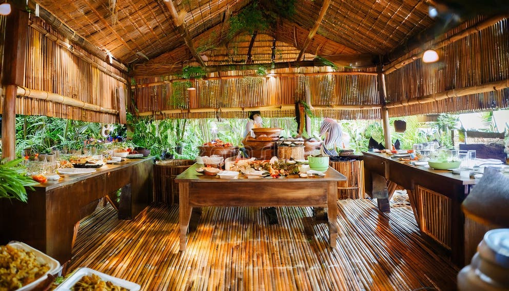 Buffet inside a bamboo hut stock illustration. Illustration of sand ...