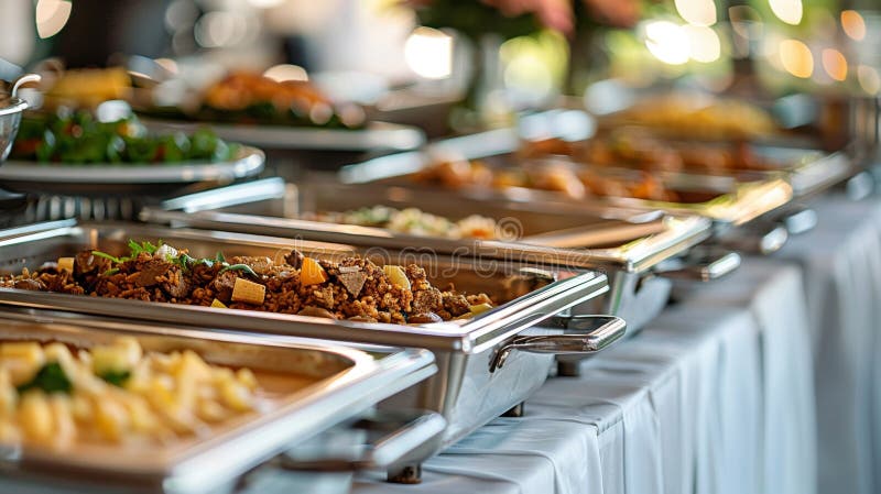 Buffet Line of Chafing Dishes Ready for Guests, Clean, Clear Background ...