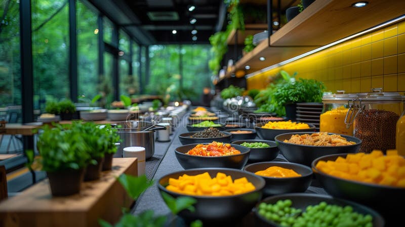 A Buffet of a Long Table with Bowls and Plates Filled with Food, AI ...