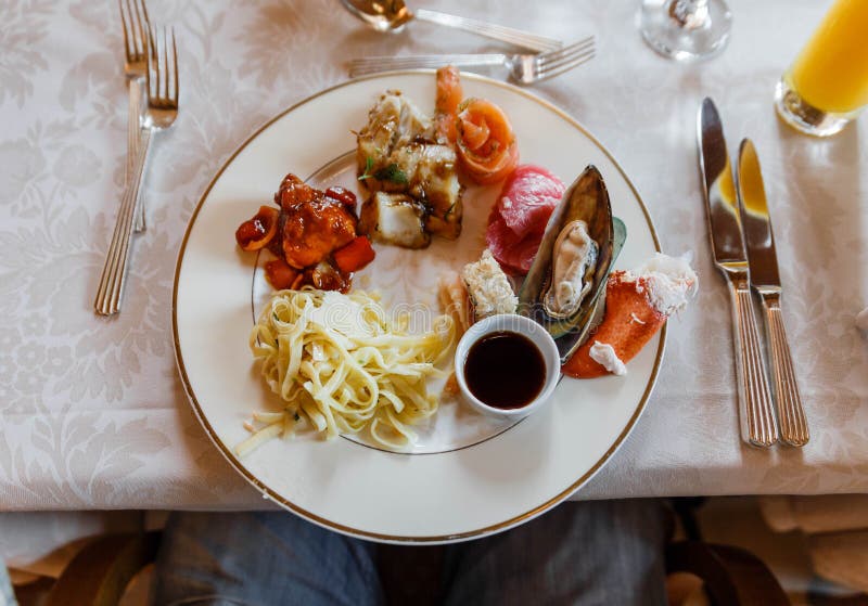 Buffet Plate for International Lunch Buffet Line Stock Photo - Image of ...