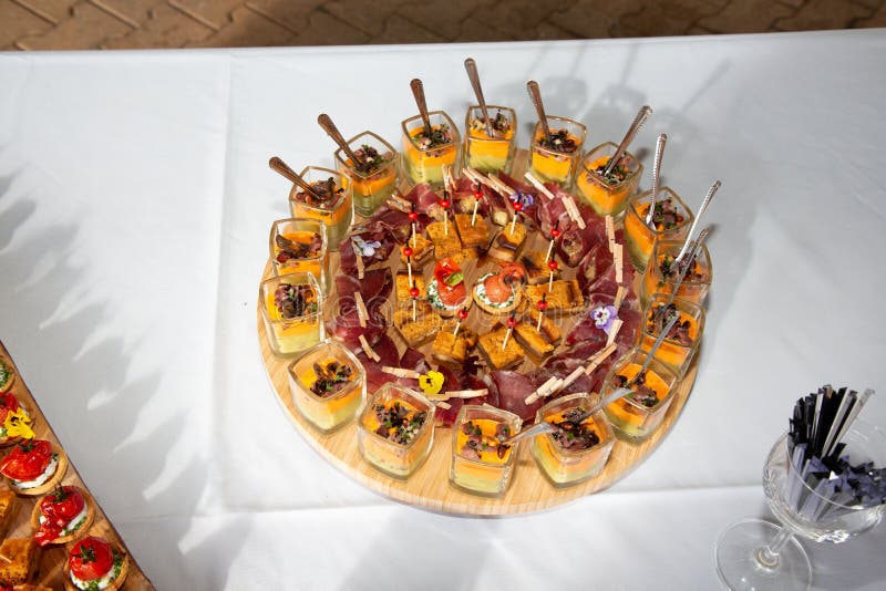 Buffet Reception Finger Food Appetizers in White Event Party Table ...