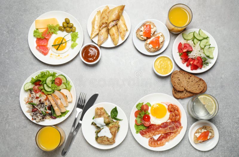 Buffet Service. Frame of Many Different Dishes on Light Grey Table ...