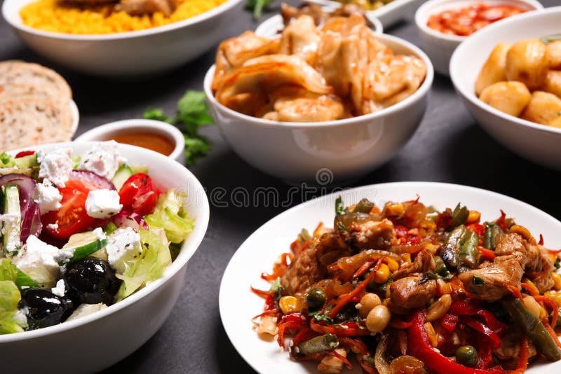 Buffet Service. Many Different Dishes on Grey Table Stock Photo - Image ...