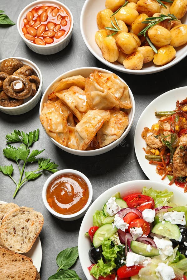 Buffet Service. Many Different Dishes on Grey Table Flat Lay Stock ...