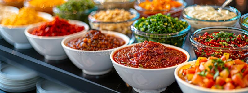 Buffet Setup with a Range of Chili Condiments and Sauces for Guests To ...