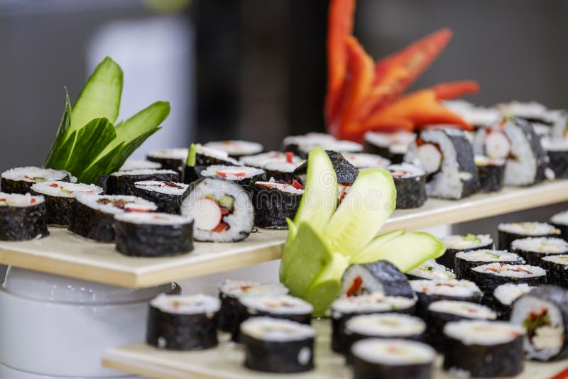 Buffet with Sushi and Rolls 3 Stock Image - Image of meat, food: 134589187