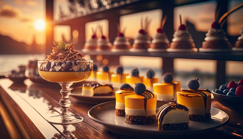 Buffet with Sweets Cakes and Dessert Mousse in a Restaurant .Generative ...