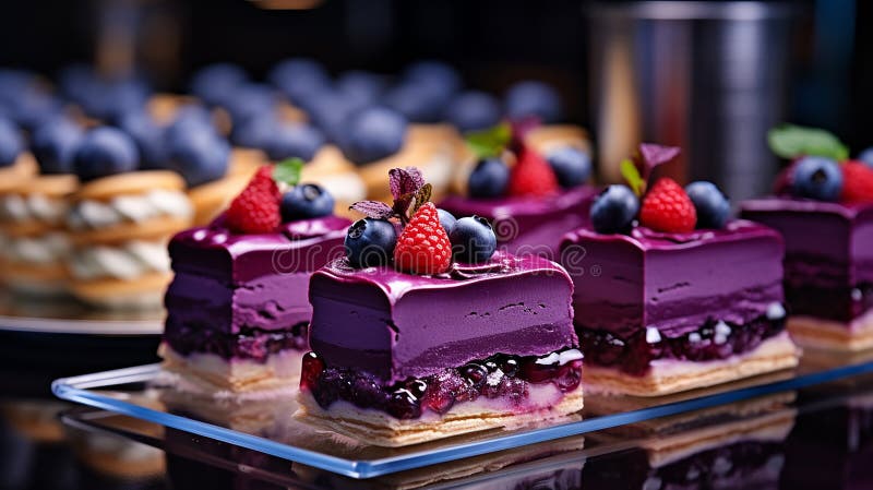 Buffet with Sweets Purple Cakes and Pastries in a Restaurant Stock ...