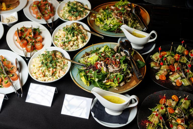 Buffet Table with Assorted Salads and Appetizers Stock Photo - Image of ...