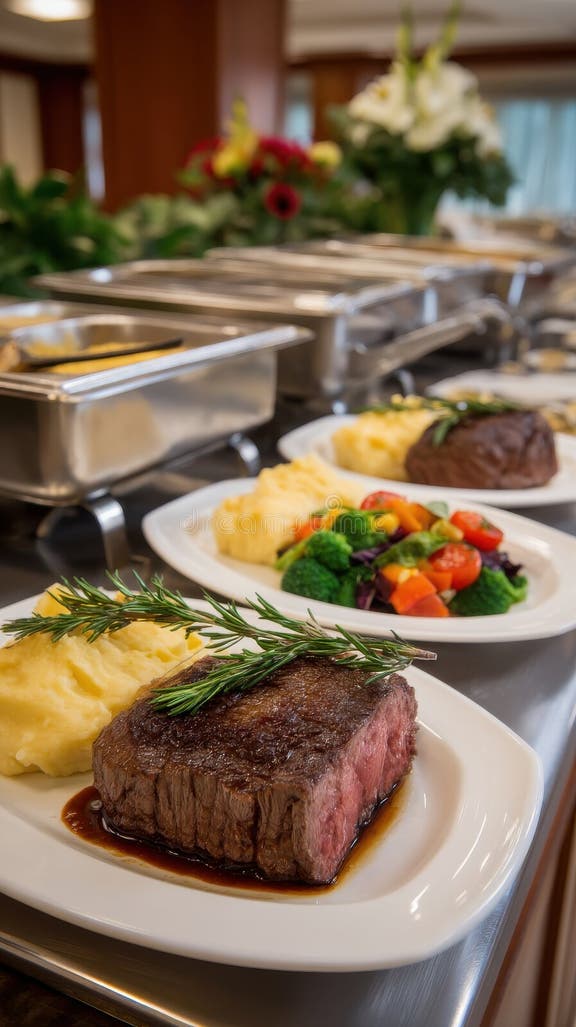 Buffet Table Display Featuring Grilled Steak Mashed Potatoes and ...