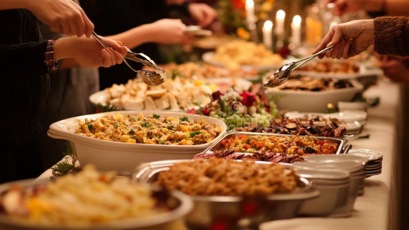 A Buffet Table Filled with Various Dishes at a Holiday Gathering Stock ...