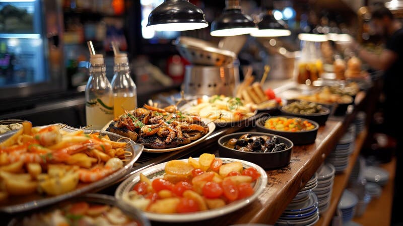 Seafood and Tapas Buffet in Restaurant Stock Illustration ...
