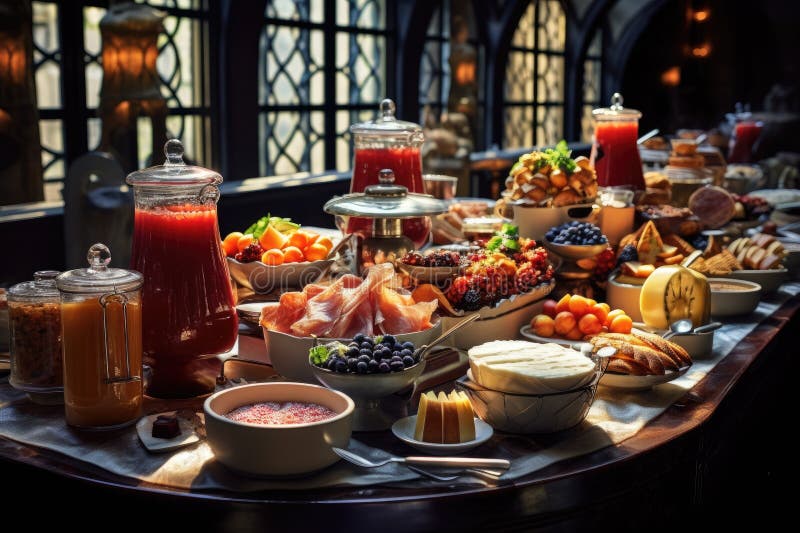 Buffet Table Full of Food in a Luxury Hotel Stock Illustration ...