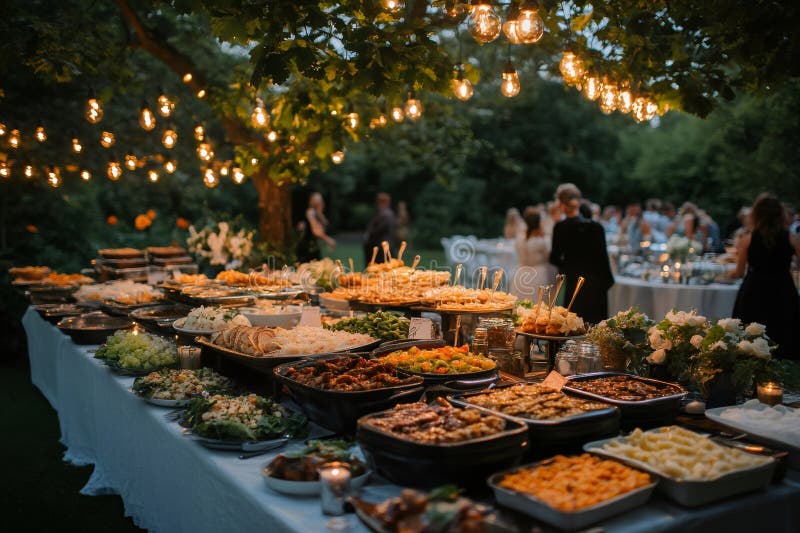 Buffet Table Illuminated by String Lights at an Evening Outdoor Wedding ...