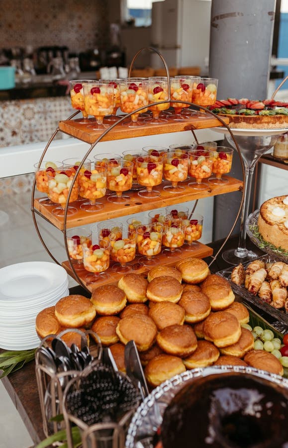 Buffet Table with Pastries and Fruit Cups in Restaurant. Stock Photo ...