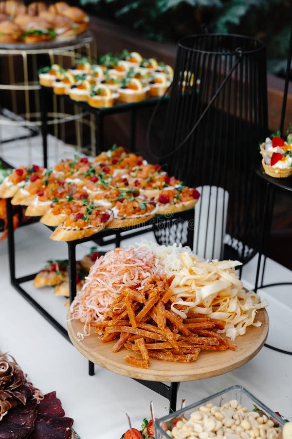 Buffet Table of Reception with Cold Snacks, Meat and Salads Stock Photo ...