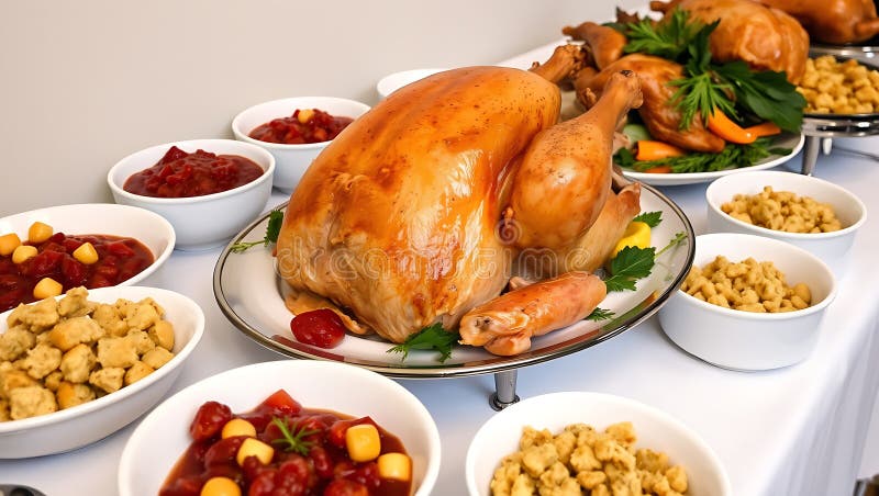 A Buffet Table with Roasted Turkey Cranberry Sauce and Cornbread ...