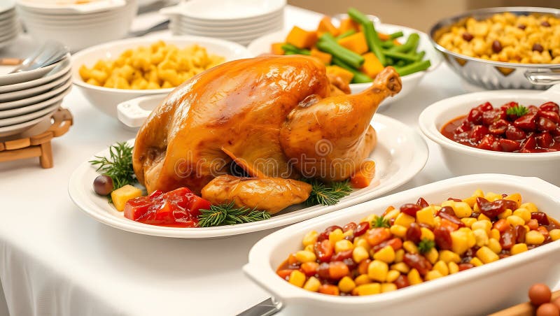 A Buffet Table with Roasted Turkey Cranberry Sauce and Cornbread ...