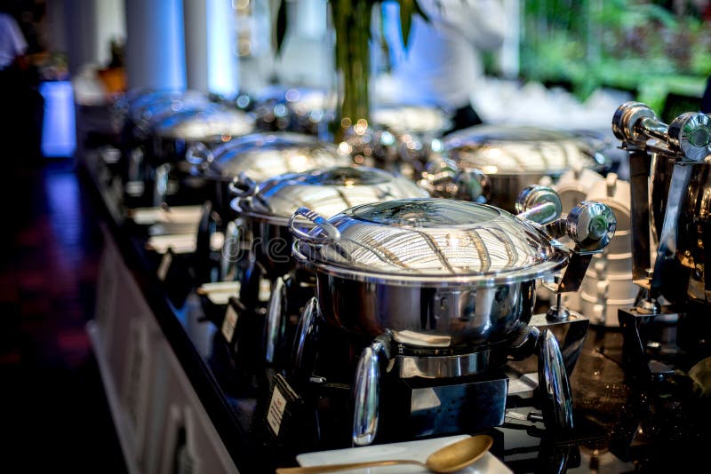 Buffet Table with Row of Food Service Steam Pans Stock Image - Image of ...