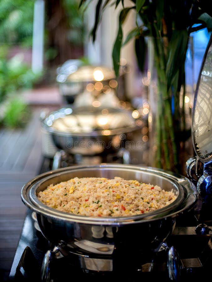 Buffet Table with Row of Food Service Steam Pans Stock Image - Image of ...