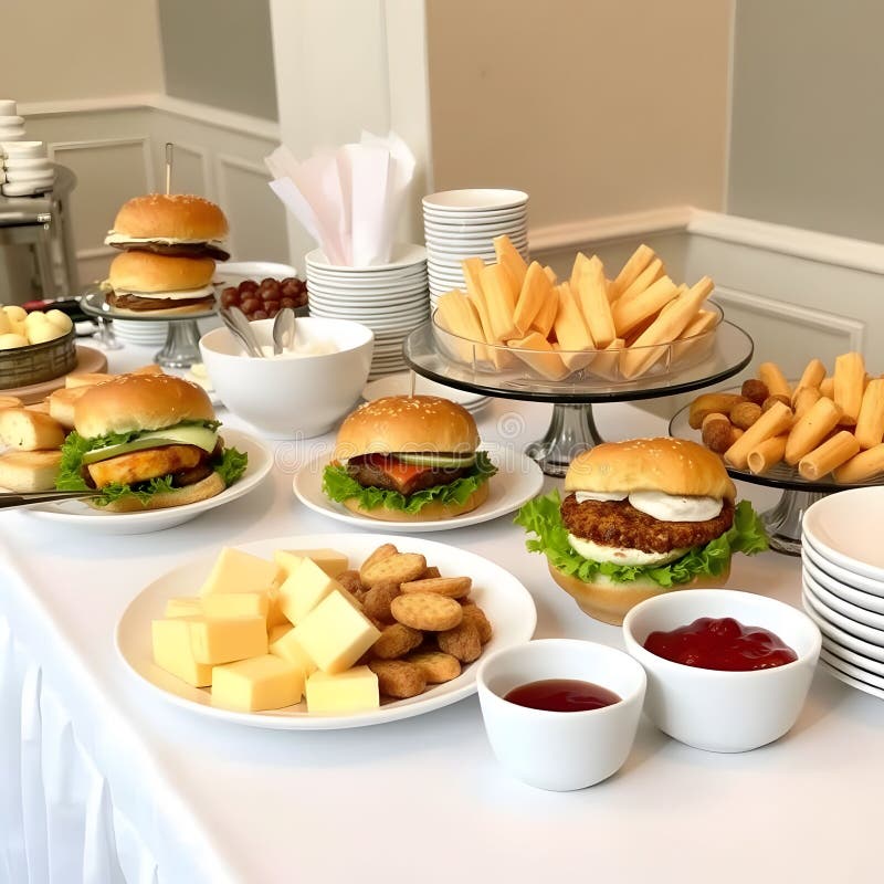 Buffet Table with Snacks from Burgers Cheeses Stock Illustration ...